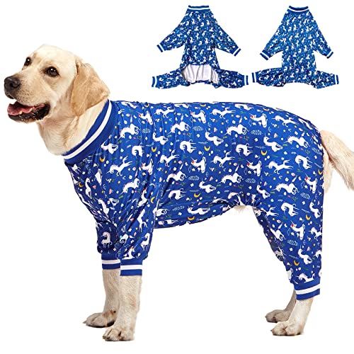 LovinPet Large Dog PJS Clothes: Wound Care/Post Surgery Dog Shirt, Lightweight Stretchy Knit Dog Pajamas, Mermaids & Unicorns Blue and White Print, Large Dog Jammies, Pet PJ's /3XL