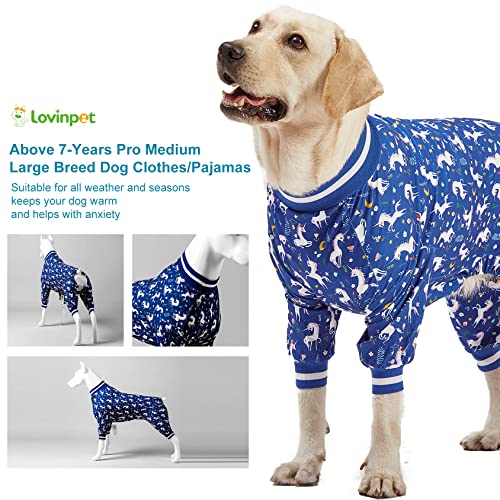 LovinPet Large Dog PJS Clothes: Wound Care/Post Surgery Dog Shirt, Lightweight Stretchy Knit Dog Pajamas, Mermaids & Unicorns Blue and White Print, Large Dog Jammies, Pet PJ's /3XL