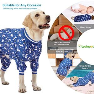 LovinPet Large Dog PJS Clothes: Wound Care/Post Surgery Dog Shirt, Lightweight Stretchy Knit Dog Pajamas, Mermaids & Unicorns Blue and White Print, Large Dog Jammies, Pet PJ's /3XL