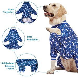 LovinPet Large Dog PJS Clothes: Wound Care/Post Surgery Dog Shirt, Lightweight Stretchy Knit Dog Pajamas, Mermaids & Unicorns Blue and White Print, Large Dog Jammies, Pet PJ's /3XL