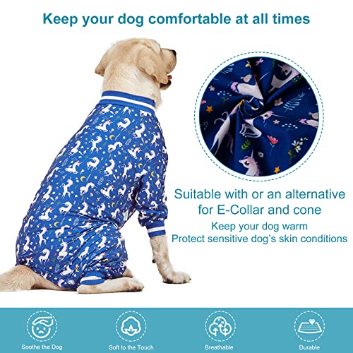 LovinPet Large Dog PJS Clothes: Wound Care/Post Surgery Dog Shirt, Lightweight Stretchy Knit Dog Pajamas, Mermaids & Unicorns Blue and White Print, Large Dog Jammies, Pet PJ's /3XL