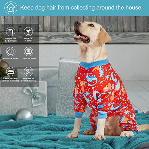 LovinPet Pitbull Dog Pajamas, Large Dog Onesies for Surgery/Wound Care, Lightweight Stretchy Knit Fabric, Dinosaur Jungle Red Print Dog PJ's UV Protection, Pet Anxiety Relief, Dog Costume/XXL