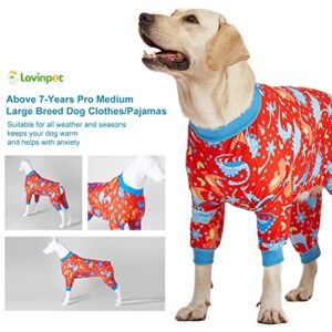 LovinPet Pitbull Dog Pajamas, Large Dog Onesies for Surgery/Wound Care, Lightweight Stretchy Knit Fabric, Dinosaur Jungle Red Print Dog PJ's UV Protection, Pet Anxiety Relief, Dog Costume/XXL