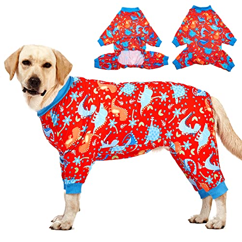 LovinPet Pitbull Dog Pajamas, Large Dog Onesies for Surgery/Wound Care, Lightweight Stretchy Knit Fabric, Dinosaur Jungle Red Print Dog PJ's UV Protection, Pet Anxiety Relief, Dog Costume/XXL