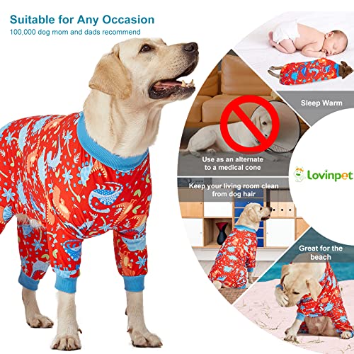 LovinPet Pitbull Dog Pajamas, Large Dog Onesies for Surgery/Wound Care, Lightweight Stretchy Knit Fabric, Dinosaur Jungle Red Print Dog PJ's UV Protection, Pet Anxiety Relief, Dog Costume/XXL