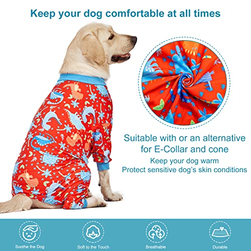 LovinPet Pitbull Dog Pajamas, Large Dog Onesies for Surgery/Wound Care, Lightweight Stretchy Knit Fabric, Dinosaur Jungle Red Print Dog PJ's UV Protection, Pet Anxiety Relief, Dog Costume/XXL