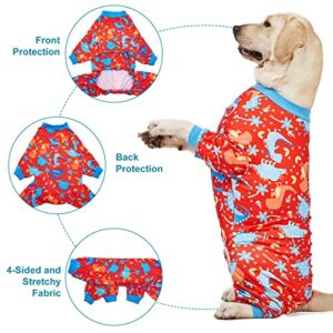 LovinPet Pitbull Dog Pajamas, Large Dog Onesies for Surgery/Wound Care, Lightweight Stretchy Knit Fabric, Dinosaur Jungle Red Print Dog PJ's UV Protection, Pet Anxiety Relief, Dog Costume/XXL