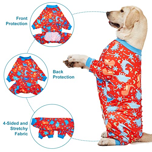 LovinPet Pitbull Dog Pajamas, Large Dog Onesies for Surgery/Wound Care, Lightweight Stretchy Knit Fabric, Dinosaur Jungle Red Print Dog PJ's UV Protection, Pet Anxiety Relief, Dog Costume/XXL