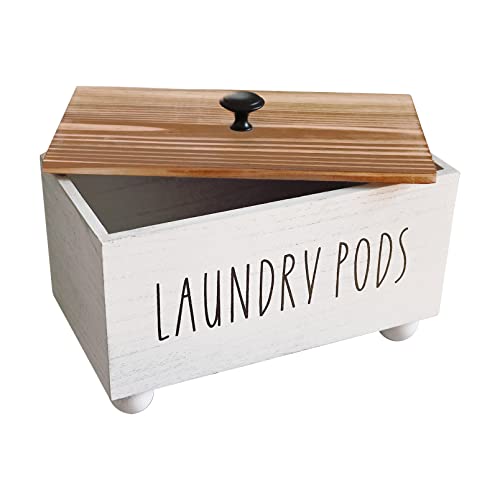 Laundry Pods Container, Farmhouse Laundry Pod Holder, Rustic Laundry Detergent Storage Organizer Box, Wooden Pods Caddy with Lid for Laundry Room Accessories Organization Decor Dispenser