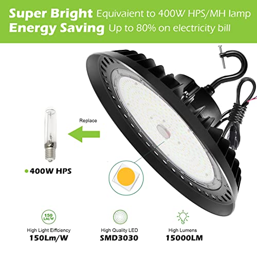 BFT LED High Bay Light UFO LED Lighting 100W 15,000LM 5000K 1-10V Dimmable,400W HID/HPS Equiv.5’Cable with US Plug,IP65 Commercial Shop Factory Warehouse Workshop Garage Barn Gym Lighting Fixtures