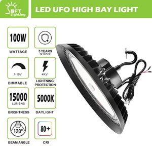 BFT LED High Bay Light UFO LED Lighting 100W 15,000LM 5000K 1-10V Dimmable,400W HID/HPS Equiv.5’Cable with US Plug,IP65 Commercial Shop Factory Warehouse Workshop Garage Barn Gym Lighting Fixtures