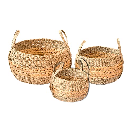 LiLaCraft Set 3 Natural Woven Storage Basket for Organizing, Wicker Baskets, Braided Seagrass Storage Baskets for Laundry, Bedroom, Living Room, Office - Set 3 Different Sizes Stackable Natural Bins