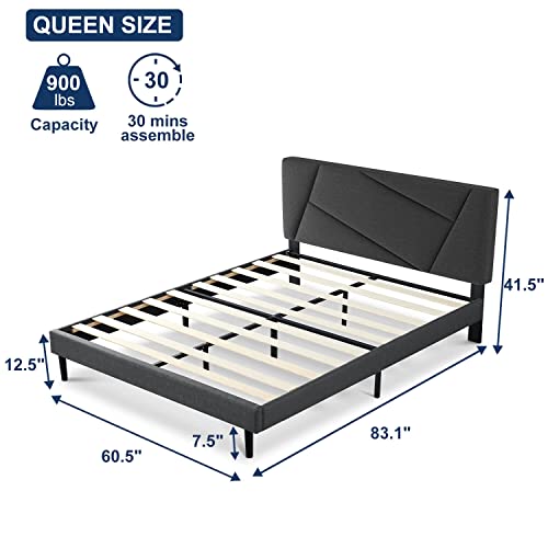 Molblly Queen Bed Frame Platform Bed Frame with Upholstered Headboard, Strong Frame and Wooden Slats Support, No Box Spring Needed, Non-Slip and Noise-Free, Easy Assembly, Dark Gray