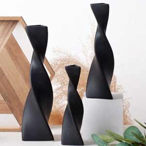 black ceramic vase for decor, modern flower vases set - 3 for rustic farmhouse home decor, decorative vase for pampas grass & dried flowers, idea bookshelf décor, dining table decoration (black)