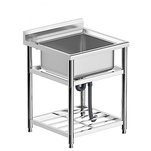 Freestanding Stainless Steel Sink, Commercial Restaurant Sink, Large Single Bowl Sink, Outdoor Sink, for Business Restaurant, Cafe, Bar, Hotel, Garage, Laundry Room, Outdoor, W23.5” × D25.2” × H33.5”