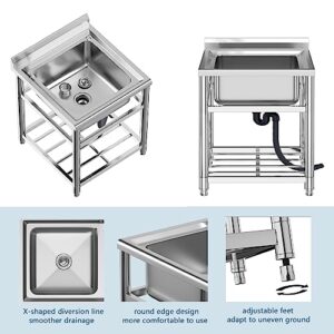 Freestanding Stainless Steel Sink, Commercial Restaurant Sink, Large Single Bowl Sink, Outdoor Sink, for Business Restaurant, Cafe, Bar, Hotel, Garage, Laundry Room, Outdoor, W23.5” × D25.2” × H33.5”