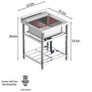 Freestanding Stainless Steel Sink, Commercial Restaurant Sink, Large Single Bowl Sink, Outdoor Sink, for Business Restaurant, Cafe, Bar, Hotel, Garage, Laundry Room, Outdoor, W23.5” × D25.2” × H33.5”