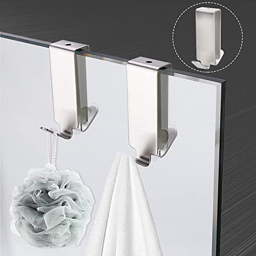 Qiveno Doulbe Hooks for Glass Shower Door, Over Shower Glass Door Hook 304 Stainless Steel Rack Hooks Towel Hooks Over The Bathroom Glass Wall(4 Pack)