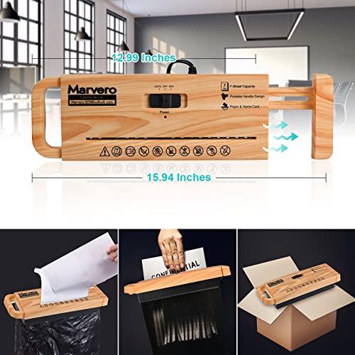 Wood Grain Paper Shredder Without Basket, 7-Sheet Strip Cut Shredder for Office/Home Use, Mini Paper Shredder Also Shreds Name Card, Portable Shredder with Extendable Arm,Durable&Fast with Jam Proof