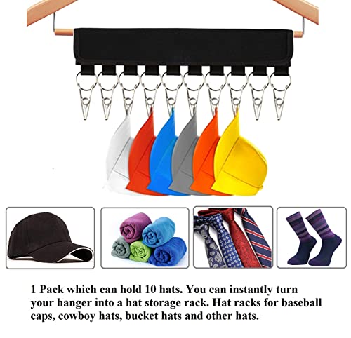 XINHUISHQZ Cap Organizer Hanger,Hat Organizer Holder for Hanger & Room Closet,10 Large Stainless Steel Hat Storage Clips, for Hang Baseball Hats, Ball Caps, Winter Beanie & Accessories (Black-1Pack)