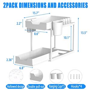 2 Pack Under Sink Organizers and Storage 2-Tier Double Sliding Pull-out Drawer, SDXYSTCE Multi-purpose Under Sink Organizer for Kitchen and Bathroom with 4 Hooks, 2 Hanging Cup,White