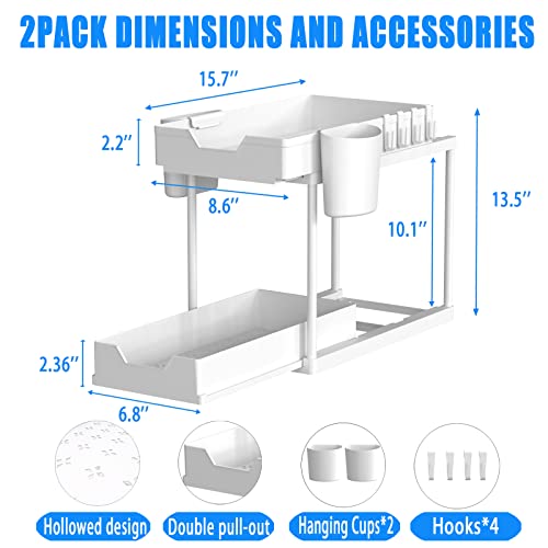 2 Pack Under Sink Organizers and Storage 2-Tier Double Sliding Pull-out Drawer, SDXYSTCE Multi-purpose Under Sink Organizer for Kitchen and Bathroom with 4 Hooks, 2 Hanging Cup,White