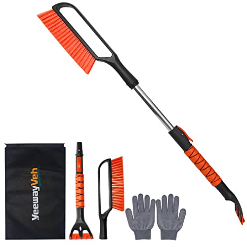 YeewayVeh 35" Ice Scraper for Car Windshield, Extendable Snow Brush with Foam Grip & Additional Handhold, 2 in 1 Detachable & Scratch-Free Snow Scrapers for Car Truck SUV, Orange