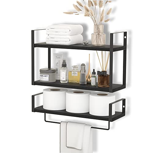 ZGO 2+1 Tier Floating Shelves Wall Mounted Set of 2, Rustic Wood Wall Shelves with Metal Frame Tissue Rack and Towel Bar for Bedroom, Bathroom, Living Room, Kitchen, Storage & Decoration, Black