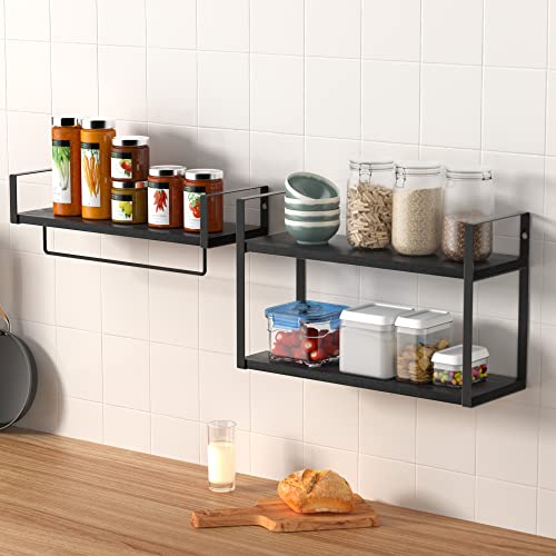 ZGO 2+1 Tier Floating Shelves Wall Mounted Set of 2, Rustic Wood Wall Shelves with Metal Frame Tissue Rack and Towel Bar for Bedroom, Bathroom, Living Room, Kitchen, Storage & Decoration, Black