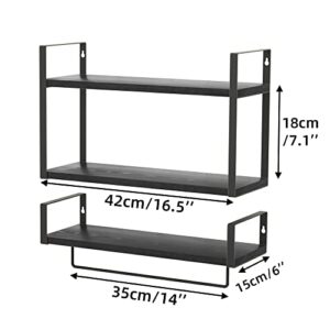 ZGO 2+1 Tier Floating Shelves Wall Mounted Set of 2, Rustic Wood Wall Shelves with Metal Frame Tissue Rack and Towel Bar for Bedroom, Bathroom, Living Room, Kitchen, Storage & Decoration, Black