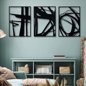 creoate abstract metal wall art for living room decor, black modern minimalist line art wall sculpture decor modern metal bedroom bathroom decor, 11x16 inch x3 panels