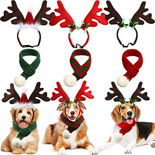 6 Pcs Christmas Dog Costume Set, 3 Christmas Dog Elk Reindeer Antlers Headbands and 3 Dog Christmas Scarfs Xmas Pet Dog Reindeer Costume Accessories for Dogs