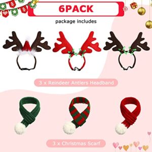 6 Pcs Christmas Dog Costume Set, 3 Christmas Dog Elk Reindeer Antlers Headbands and 3 Dog Christmas Scarfs Xmas Pet Dog Reindeer Costume Accessories for Dogs