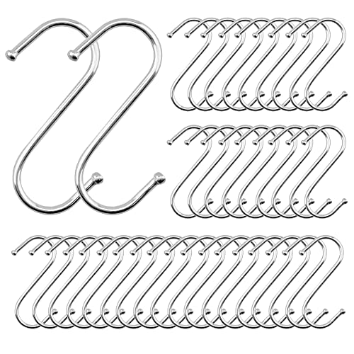 yeavs 40 Pack S Hooks, Round Heavy Duty Stainless Steel Hanging S Shaped Hooks for Home Kitchen Office Bathroom Closet, Silver (40, Medium)