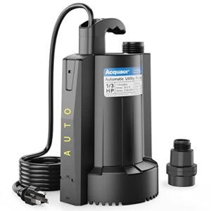 acquaer 1/3 hp automatic submersible water sump pump, 115v with 3/4” garden hose check valve adapter,2160 gph high flow water removal for swimming pool cover hot tubs flooded house basement