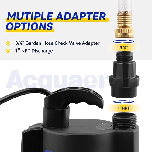 Acquaer 1/3 HP Automatic Submersible Water Sump Pump, 115V with 3/4” Garden Hose Check Valve Adapter,2160 GPH High Flow Water Removal for Swimming Pool Cover Hot Tubs Flooded House Basement