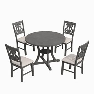 UBGO Round Table 4,5 Piece Chair, Vintage Style Home Furniture with 42" and Beautifully Designed Room Hollow Back, (Grey), 4-Seater Dining Set