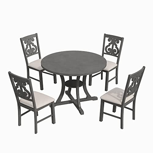 UBGO Round Table 4,5 Piece Chair, Vintage Style Home Furniture with 42" and Beautifully Designed Room Hollow Back, (Grey), 4-Seater Dining Set