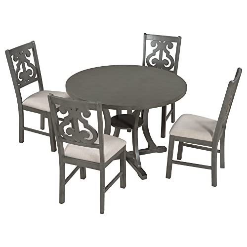 UBGO Round Table 4,5 Piece Chair, Vintage Style Home Furniture with 42" and Beautifully Designed Room Hollow Back, (Grey), 4-Seater Dining Set