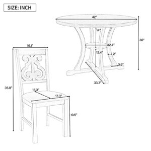 UBGO Round Table 4,5 Piece Chair, Vintage Style Home Furniture with 42" and Beautifully Designed Room Hollow Back, (Grey), 4-Seater Dining Set