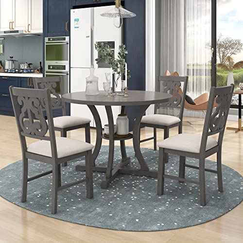 UBGO Round Table 4,5 Piece Chair, Vintage Style Home Furniture with 42" and Beautifully Designed Room Hollow Back, (Grey), 4-Seater Dining Set