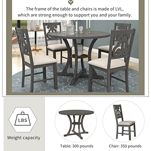 UBGO Round Table 4,5 Piece Chair, Vintage Style Home Furniture with 42" and Beautifully Designed Room Hollow Back, (Grey), 4-Seater Dining Set