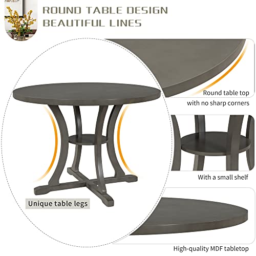 UBGO Round Table 4,5 Piece Chair, Vintage Style Home Furniture with 42" and Beautifully Designed Room Hollow Back, (Grey), 4-Seater Dining Set