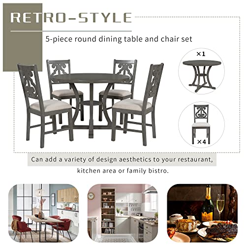 UBGO Round Table 4,5 Piece Chair, Vintage Style Home Furniture with 42" and Beautifully Designed Room Hollow Back, (Grey), 4-Seater Dining Set