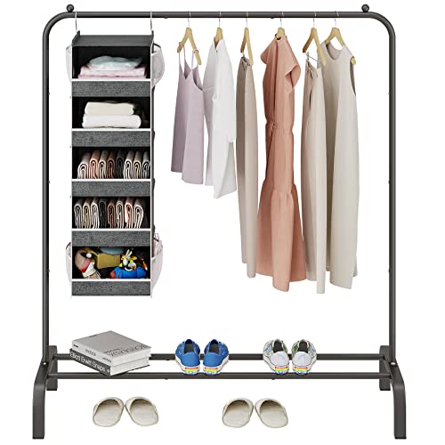 Calmootey Portable Clothing Garment Rack with 5-Shelf Hanging Closet Organizer,Clothes and Shoes Storage Rack,Hanging Storage Shelves for Closet,Black