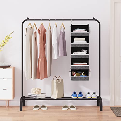 Calmootey Portable Clothing Garment Rack with 5-Shelf Hanging Closet Organizer,Clothes and Shoes Storage Rack,Hanging Storage Shelves for Closet,Black