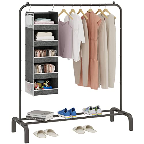 Calmootey Portable Clothing Garment Rack with 5-Shelf Hanging Closet Organizer,Clothes and Shoes Storage Rack,Hanging Storage Shelves for Closet,Black