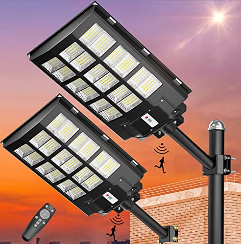 Gefolly 1000W Solar Street Lights Outdoor, 162000LM Commercial Parking Lot Light Dusk to Dawn, 6500K Solar Security Flood Lights with Motion Sensor for Basketball Court, Road, Yard-2 Pack