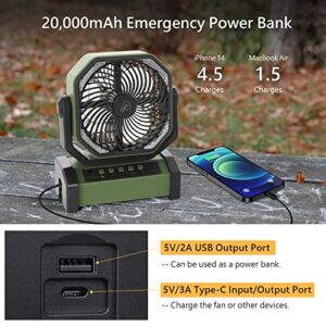 FUNMAT Camping Fan with LED Light, 20000mAh Rechargeable Battery Operated Table Fan, Auto-Oscillating Tent Fan with Remote & Hook, 4 Speed Portable Camping Fan for Travel Picnic Fishing, Green