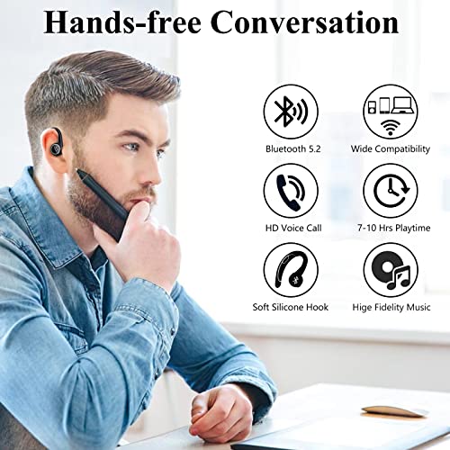 ELOVEN Bluetooth Headset, Single Ear Earpiece Earphone with Hook, Noise Cancelling Headset with Mic for Business Sports Drive, Wireless Headphone Cell Phone Earpiece for iPhone Samsung Android, Black